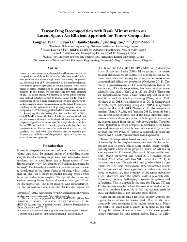 Pdf Tensor Ring Decomposition With Rank Minimization On Latent Space An Efficient Approach