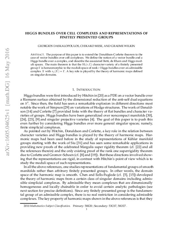 (PDF) Higgs bundles over cell complexes and representations of finitely ...
