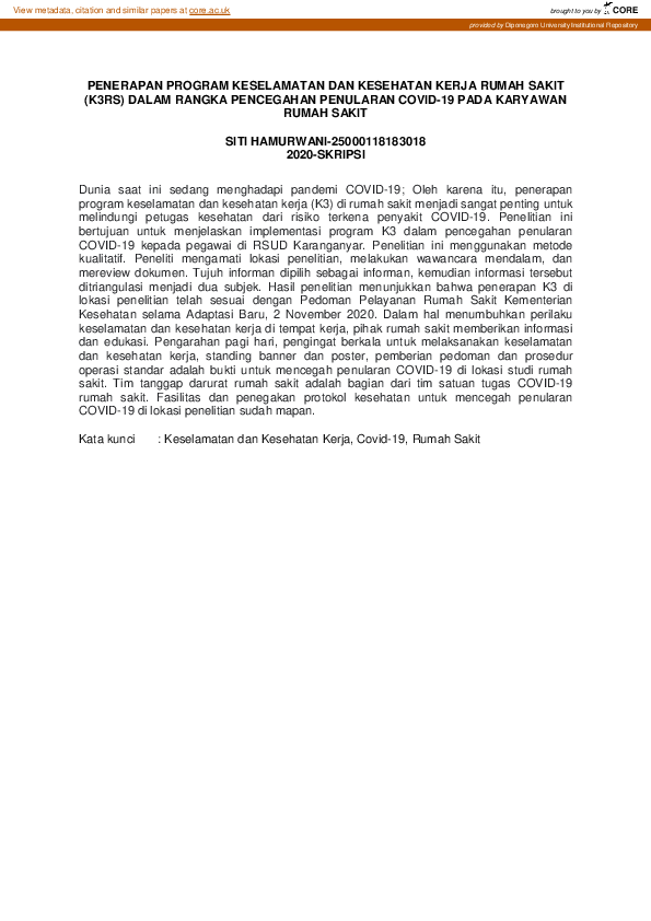 (PDF) Penerapan Program Keselamatan Dan Kesehatan Kerja Rumah Sakit (K3RS) Dalam Rangka ...