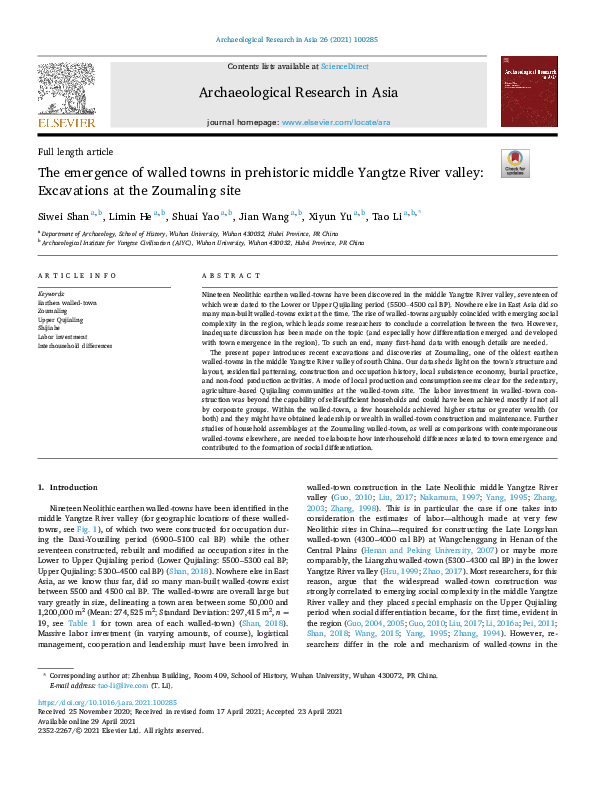 (PDF) The emergence of walled towns in prehistoric middle Yangtze River ...