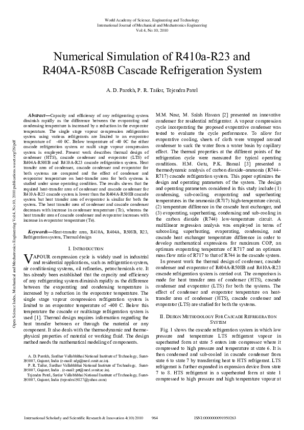 (PDF) Numerical Simulation Of R410A-R23 And R404A-R508B Cascade Refrigeration System