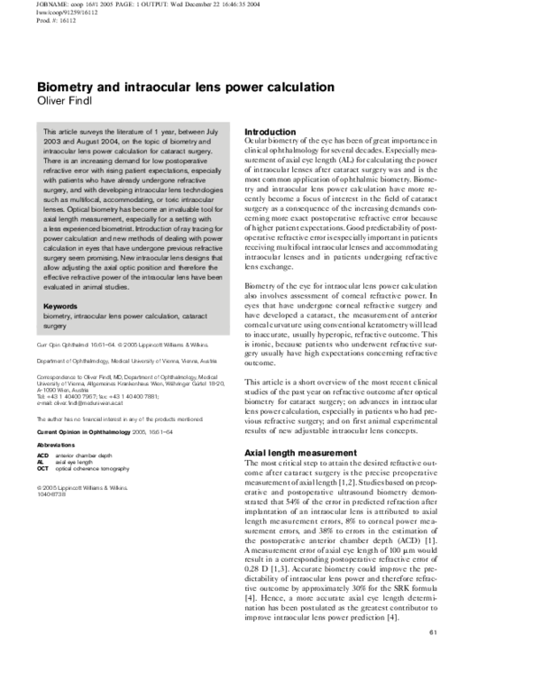 (PDF) Biometry and intraocular lens power calculation