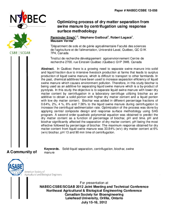 (PDF) Optimizing process of dry matter separation from swine manure by ...