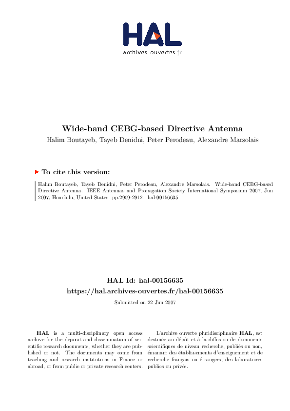 (PDF) Wide-band CEBG-based directive antenna