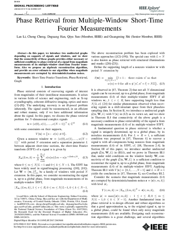 (PDF) Phase Retrieval From Multiple-Window Short-Time Fourier Measurements
