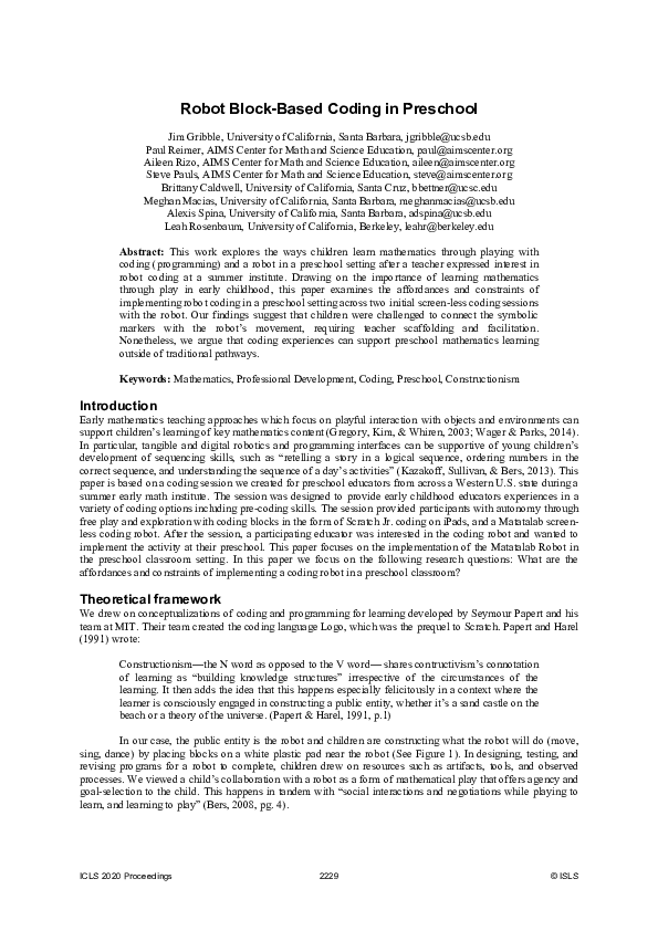(PDF) Robot Block-based Coding in Preschool