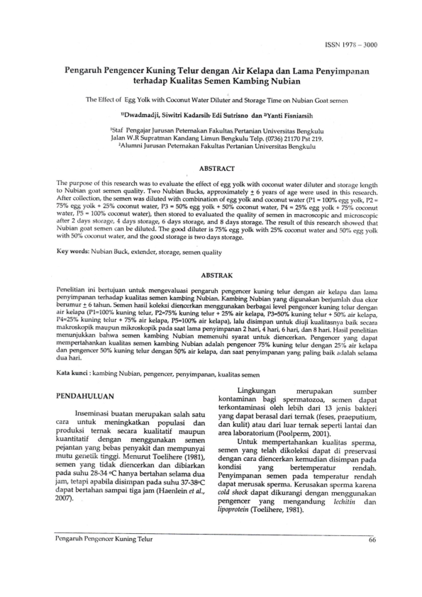 (PDF) Pengaruh Pengencer Kuning Telur dengan Air Kelapa dan Lama Penyimpanan terhadap Kualitas ...