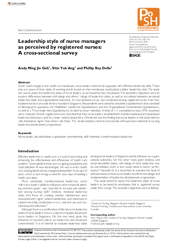 (PDF) Leadership style of nurse managers as perceived by registered nurses: A cross-sectional survey