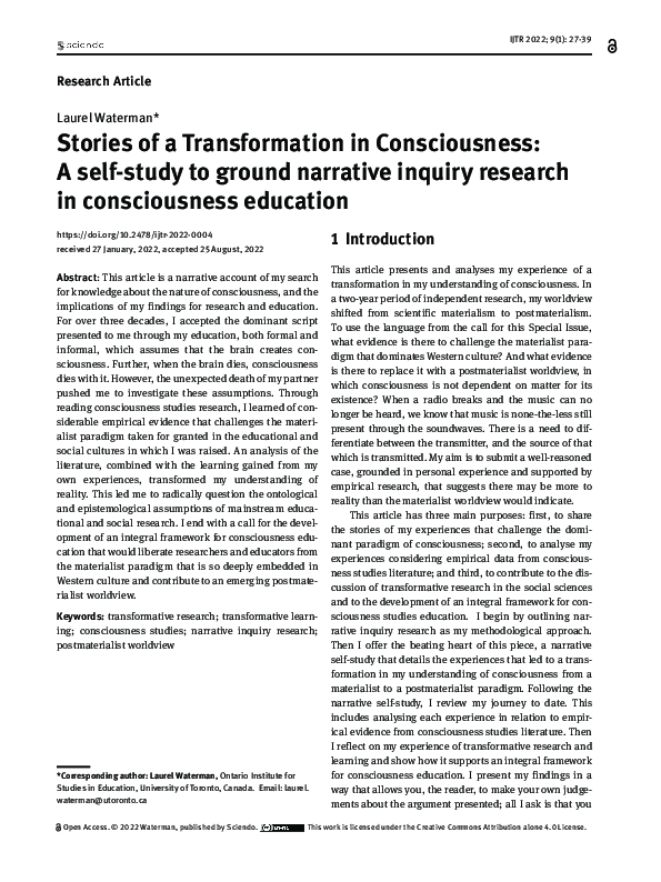 (PDF) Stories of a Transformation in Consciousness: A self-study to ground narrative inquiry ...