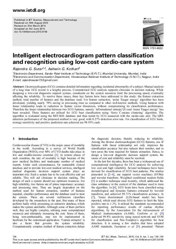 Pdf Intelligent Electrocardiogram Pattern Classification And Recognition Using Low‐cost Cardio