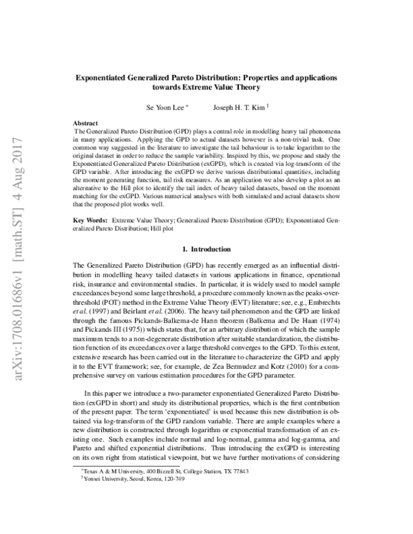 (PDF) Exponentiated generalized Pareto distribution: Properties and applications towards extreme ...