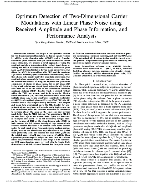 Pdf Optimum Detection Of Two Dimensional Carrier Modulations With Linear Phase Noise Using