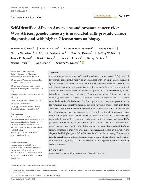 (PDF) Self‐Identified African Americans and prostate cancer risk: West ...