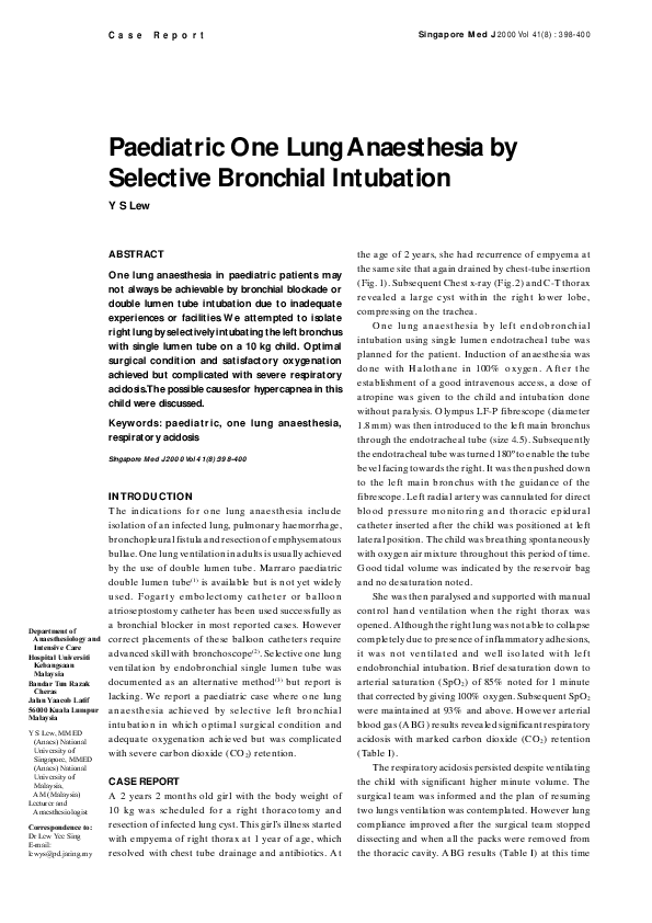 (PDF) Paediatric one lung anaesthesia by selective bronchial intubation