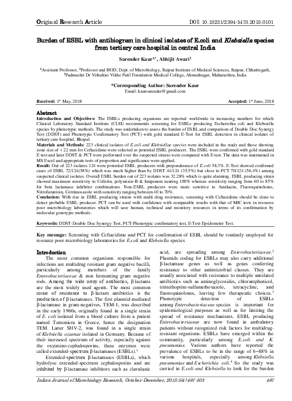 (PDF) Burden of ESBL with antibiogram in clinical isolates of E.coli ...