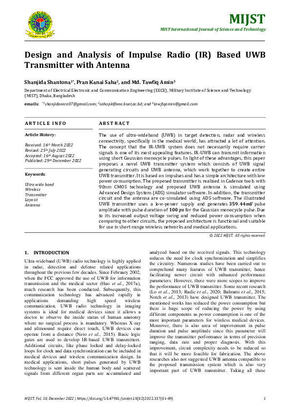(PDF) Design and Analysis of Impulse Radio (IR) Based UWB Transmitter with Antenna