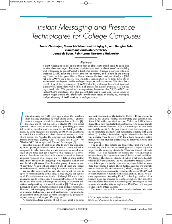 (PDF) Instant messaging and presence technologies for college campuses