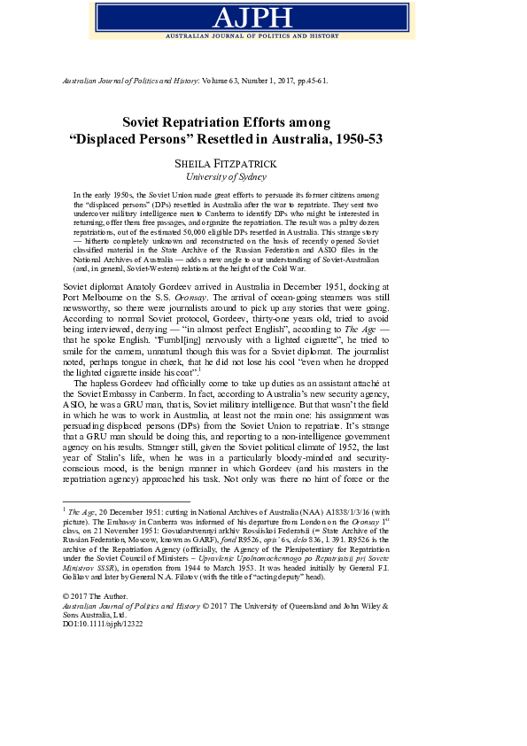 (PDF) Soviet Repatriation Efforts in Australia, 1950-53