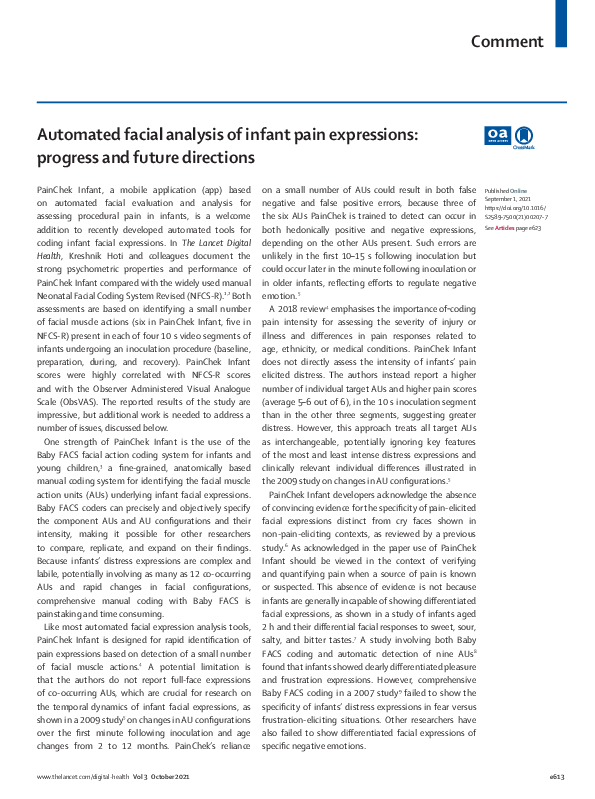 (PDF) Automated facial analysis of infant pain expressions: progress and future directions