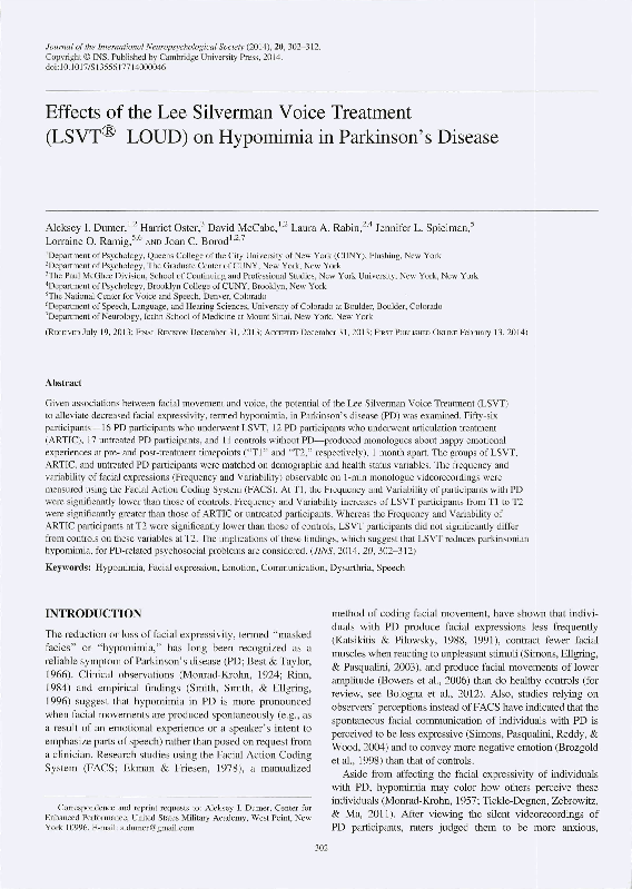 (PDF) Effects of the Lee Silverman Voice Treatment (LSVT® LOUD) on ...