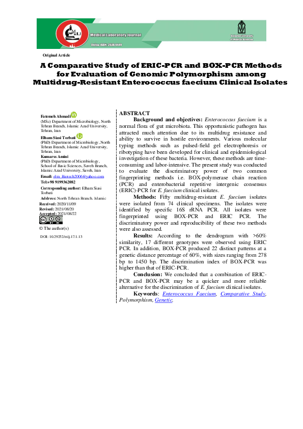 (PDF) A Comparative Study of ERIC-PCR and BOX-PCR Methods for ... (PDF) A Comparative Study of ERIC-PCR and BOX-PCR Methods for ...