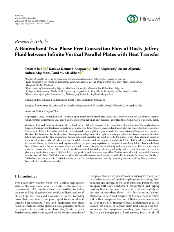 (PDF) A Generalized Two-Phase Free Convection Flow of Dusty Jeffrey ...