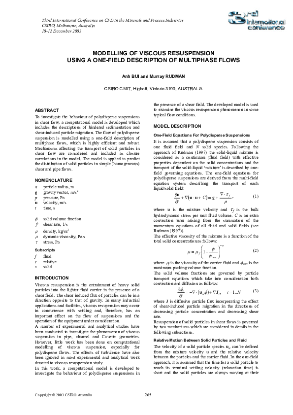 (PDF) Modelling of Viscous Resuspension Using a One-Field Description of Multiphase Flows