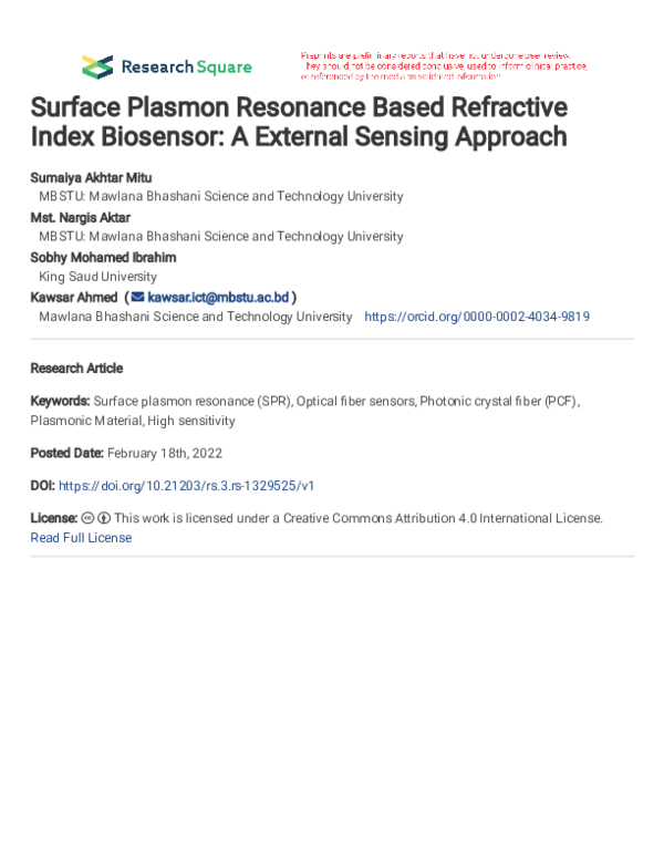 Pdf Surface Plasmon Resonance Based Refractive Index Biosensor A