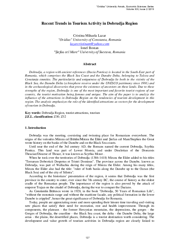 (PDF) Recent Trends in Tourism Activity in Dobrudja Region
