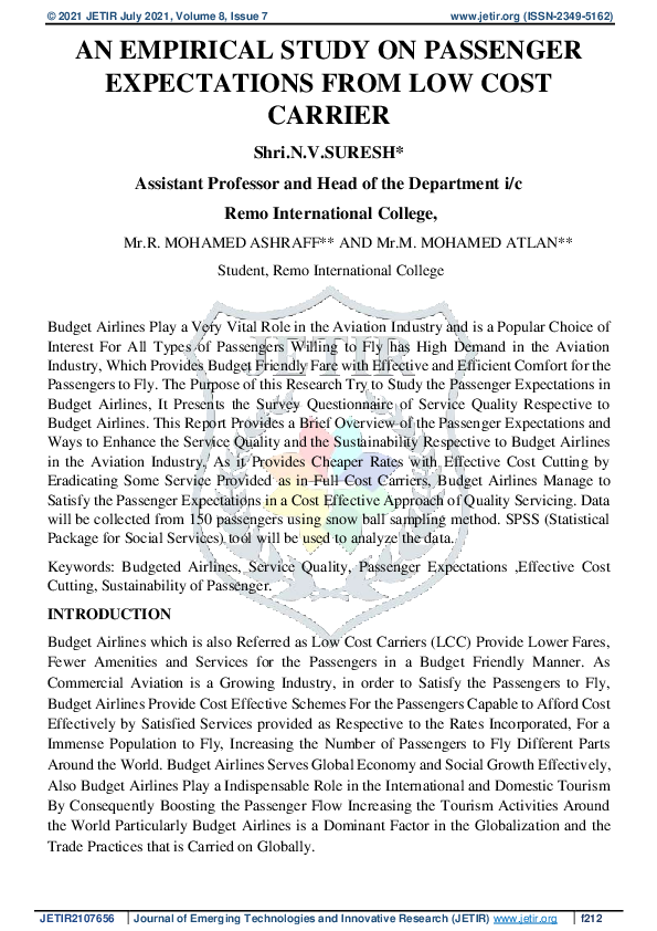 (PDF) An Empirical Study on Passenger Expectations from Low Cost Carrier