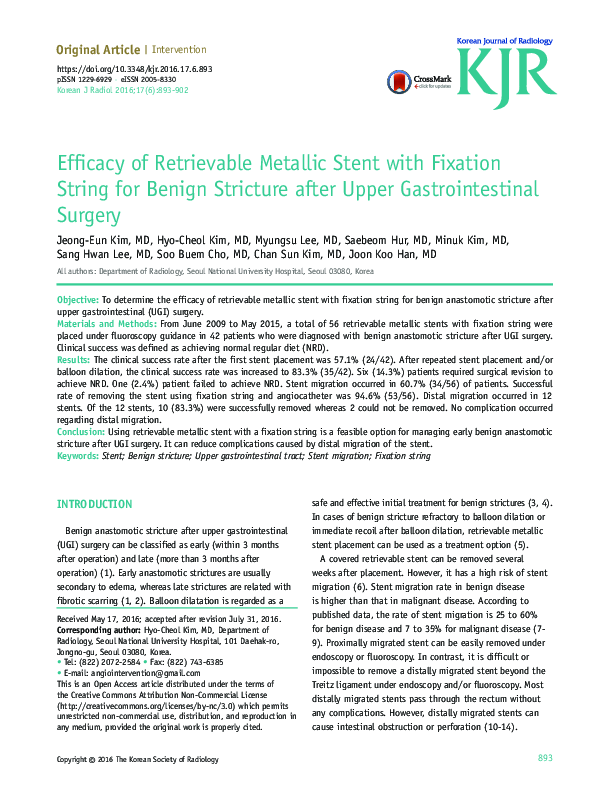 (PDF) Efficacy of Retrievable Metallic Stent with Fixation String for ...