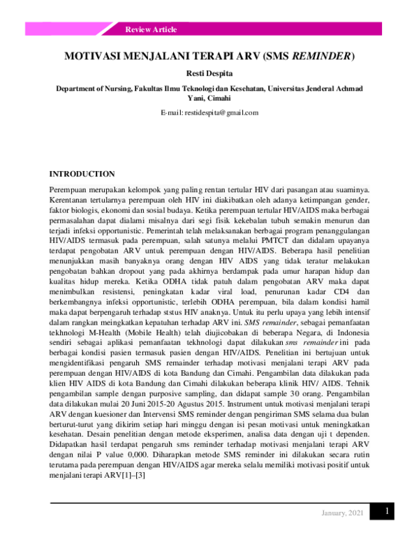 (PDF) MOTIVASI MENJALANI TERAPI ARV (SMS REMINDER)