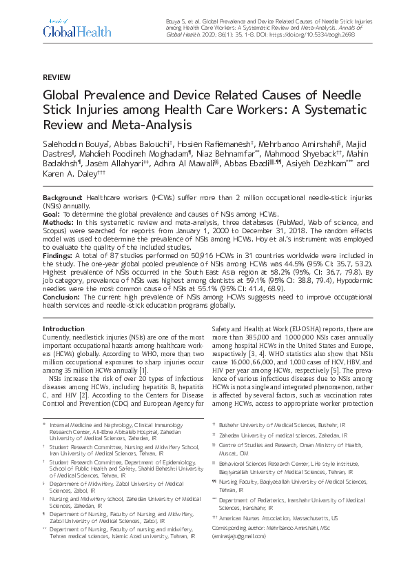 (PDF) Global Prevalence and Device Related Causes of Needle Stick ...