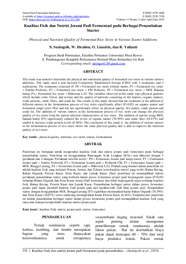 (PDF) Kualitas Fisik dan Nutrisi Jerami Padi Fermentasi pada Berbagai Penambahan Starter