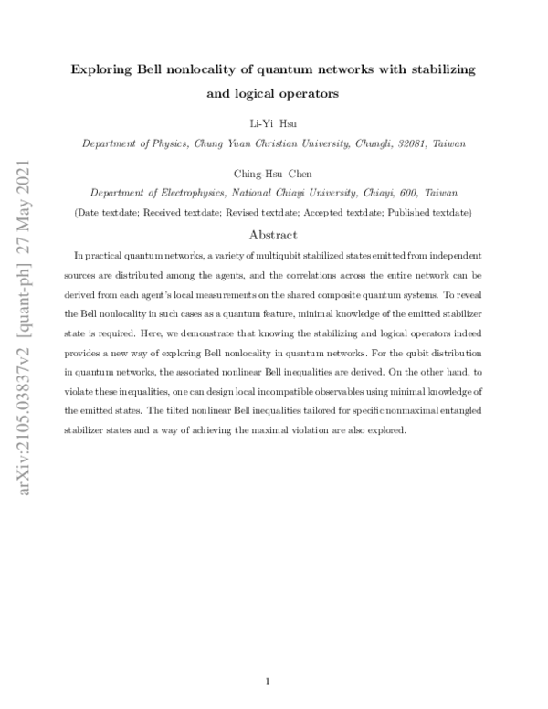 (PDF) Exploring Bell nonlocality of quantum networks with stabilizing and logical operators