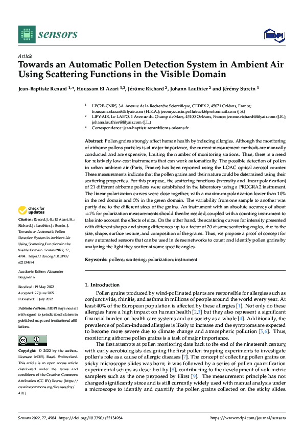 (PDF) Towards an Automatic Pollen Detection System in Ambient Air Using Scattering Functions in ...