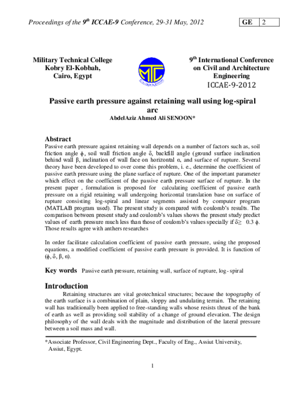 (PDF) Passive earth pressure against retaining wall using log-spiral arc