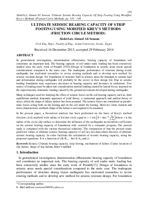 (PDF) Ultimate Seismic Bearing Capacity of Strip Footing Using Modified ...