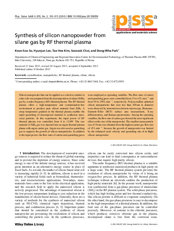 (PDF) Synthesis of silicon nanopowder from silane gas by RF thermal plasma