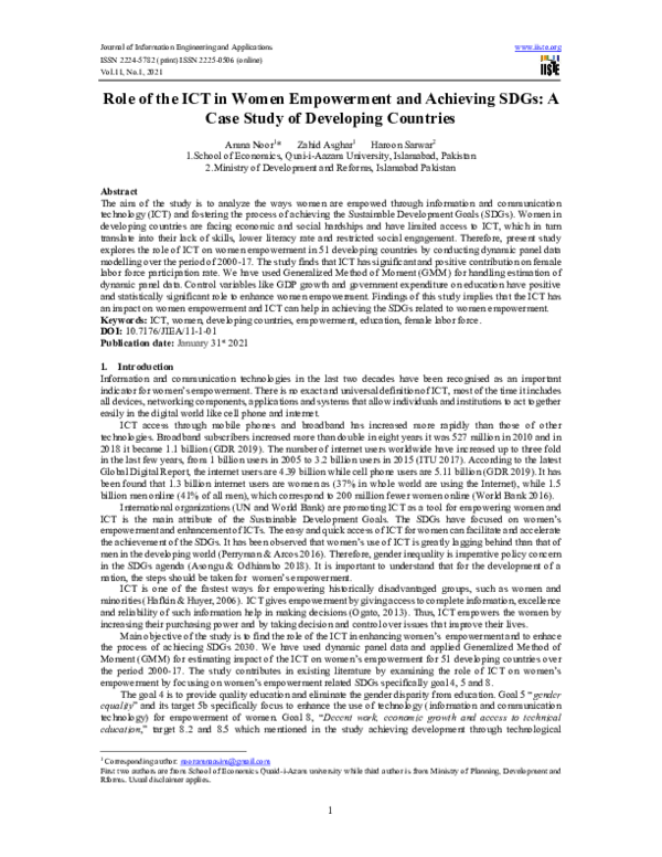 (PDF) Role of the ICT in Women Empowerment and Achieving SDGs: A Case Study of Developing Countries