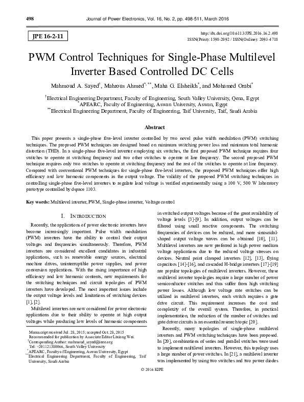 (PDF) PWM Control Techniques for Single-Phase Multilevel Inverter Based Controlled DC Cells ...
