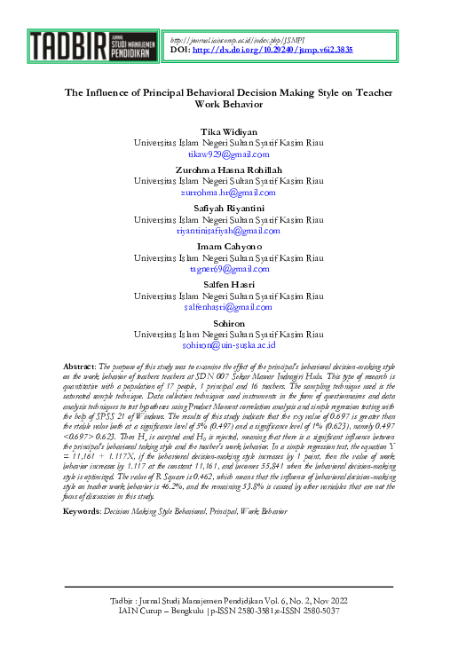 (PDF) The Influence of Principal Behavioral Decision Making Style on Teacher Work Behavior