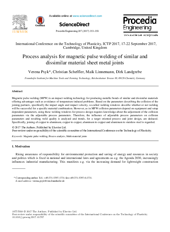 (PDF) Process analysis for magnetic pulse welding of similar and dissimilar material sheet metal ...