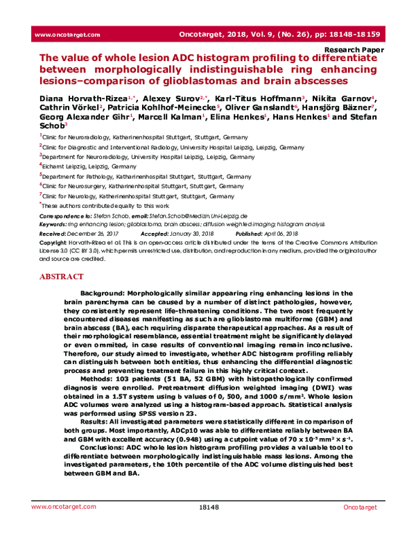 (PDF) The value of whole lesion ADC histogram profiling to differentiate between morphologically ...