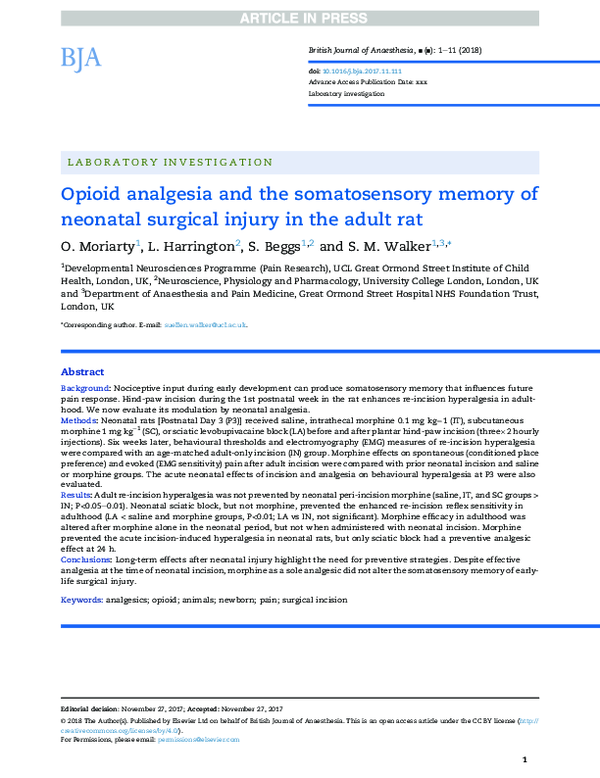 (PDF) Opioid analgesia and the somatosensory memory of neonatal ... (PDF) Opioid analgesia and the somatosensory memory of neonatal ...