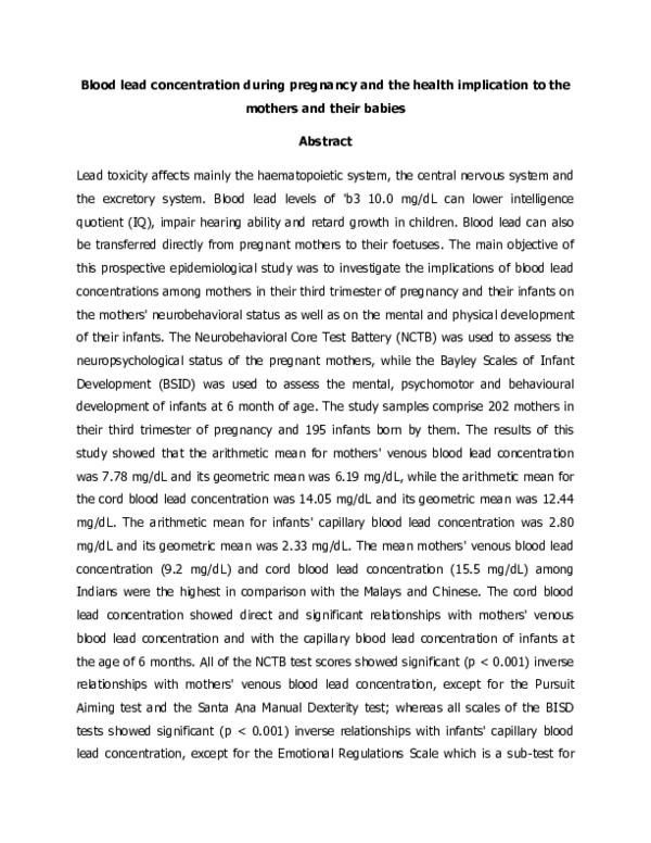 (PDF) Blood Lead Concentration During Pragnancy and the Health ...