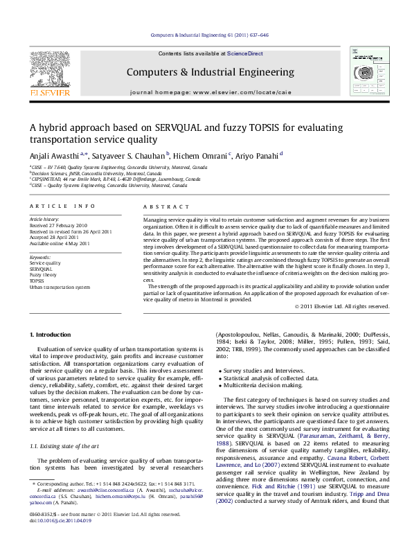 (PDF) A hybrid approach based on SERVQUAL and fuzzy TOPSIS for evaluating transportation service ...
