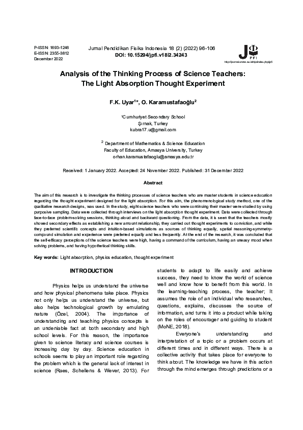 (PDF) Analysis of the Thinking Process of Science Teachers: The Light ...