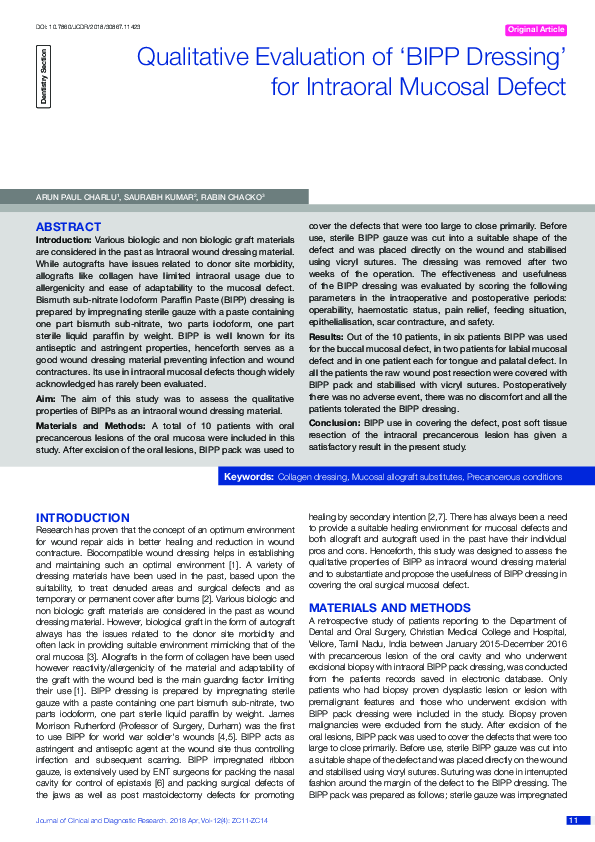 (PDF) Qualitative Evaluation of ‘BIPP Dressing’ for Intraoral Mucosal Defect