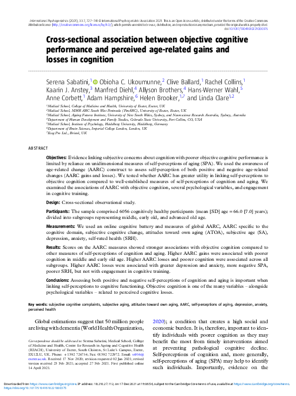 (PDF) Cross-sectional association between objective cognitive ...